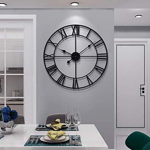 LEIKE Large Modern Metal Wall Clocks 40CM Round Nearly Silent Little Ticking Outdoor Black Roman Numeral Clock for Kitchen,Living Room,Bedroom Wall Decor