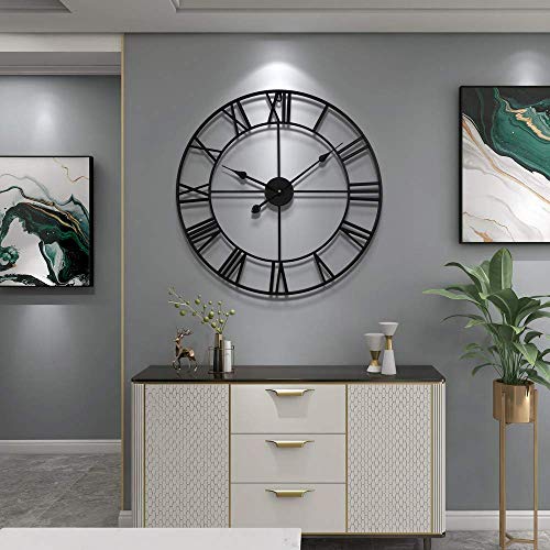 LEIKE Large Modern Metal Wall Clocks 40CM Round Nearly Silent Little Ticking Outdoor Black Roman Numeral Clock for Kitchen,Living Room,Bedroom Wall Decor