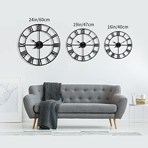 LEIKE Large Modern Metal Wall Clocks 40CM Round Nearly Silent Little Ticking Outdoor Black Roman Numeral Clock for Kitchen,Living Room,Bedroom Wall Decor