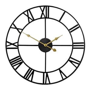 LEIKE Large Modern Metal Wall Clocks 40CM Round Nearly Silent Little Ticking Outdoor Black Roman Numeral Clock for Kitchen,Living Room,Bedroom Wall Decor