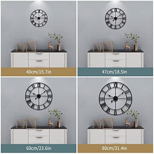 LEIKE Large Modern Metal Wall Clocks 40CM Round Nearly Silent Little Ticking Outdoor Black Roman Numeral Clock for Kitchen,Living Room,Bedroom Wall Decor