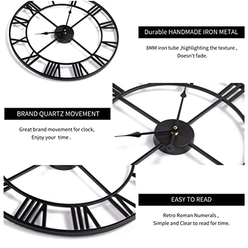 LEIKE Large Modern Metal Wall Clocks 40CM Round Nearly Silent Little Ticking Outdoor Black Roman Numeral Clock for Kitchen,Living Room,Bedroom Wall Decor