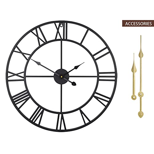 LEIKE Large Modern Metal Wall Clocks 40CM Round Nearly Silent Little Ticking Outdoor Black Roman Numeral Clock for Kitchen,Living Room,Bedroom Wall Decor