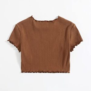 SOLY HUX Girl's Cartoon Embroidery Short Sleeve Tee Lettuce Trim Crop Top T Shirt Mushroom Brown 8Y