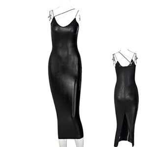 Women's Sexy Leather Spaghetti Straps Dresses Low Cut Sleeveless Backless Slit Hem Party Cocktail Club Midi Bodycon Dress(Black L)