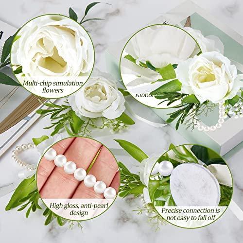 4 Pieces White Ivory Rose Wrist Corsage Boutonniere Wrist Corsage Artificial Rose Wrist Flowers Pearl Corsage Wristlet Artificial Bridesmaid Wrist Flowers for Women Bride Bridesmaid Party Prom Wedding