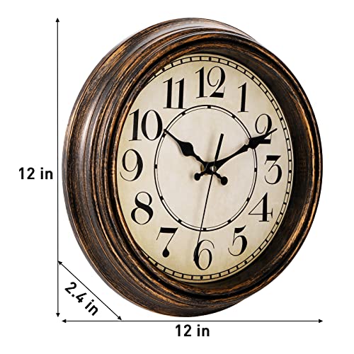 ZENFUN 12'' Round Classic Wall Clock, Battery Operated Quartz Clock Silent Non Ticking Wall Clock, Decorative for Kitchen, Home, Living Room, Farmhouse, Bedrooms, Easy to Read, Bronze