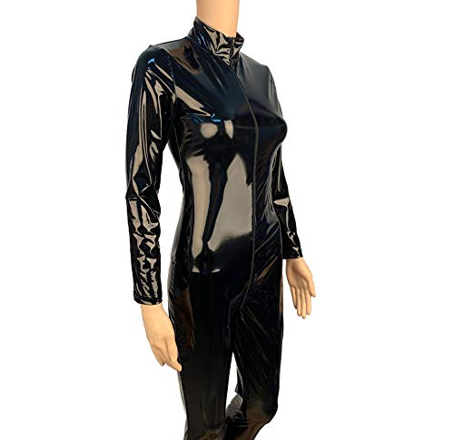 BERMEL Women's Bodysuit Shiny Patent Black PVC Leather CatSuit Full Body Sexy Latex Tight Zipper Jumpsuit Rubber Clothing (M)