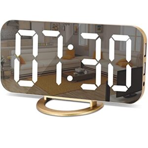 szelam digital alarm clock,led and mirror desk clock large display,with dual usb charger ports,3 levels brightness,12/24h,modern electronic clock for bedroom home living room office - gold