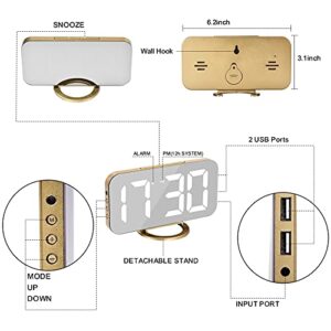 SZELAM Digital Alarm Clock,LED and Mirror Desk Clock Large Display,with Dual USB Charger Ports,3 Levels Brightness,12/24H,Modern Electronic Clock for Bedroom Home Living Room Office - Gold