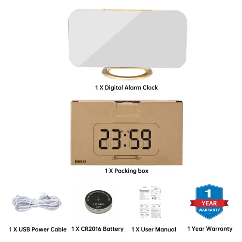 SZELAM Digital Alarm Clock,LED and Mirror Desk Clock Large Display,with Dual USB Charger Ports,3 Levels Brightness,12/24H,Modern Electronic Clock for Bedroom Home Living Room Office - Gold