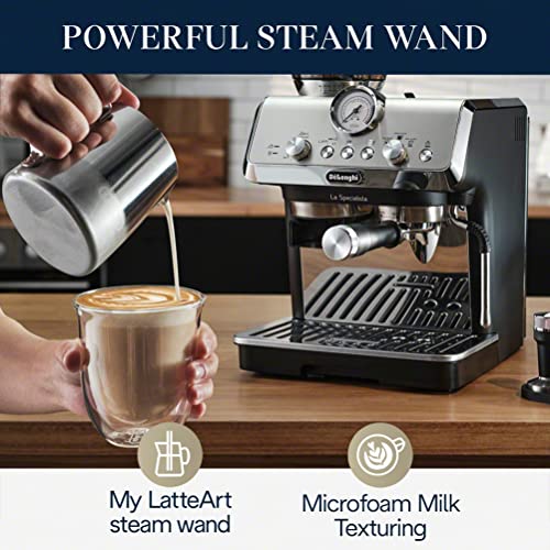 De’Longhi La Specialista Arte EC9155MB, Espresso Machine with Grinder, Bean to Cup Coffee & Cappuccino Maker with Professional Steamer, My Latte Art Milk Frother,Barista SS Kit Included, 1450W, Metal