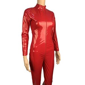 BERMEL Women's Bodysuit Shiny Patent Red PVC Leather Catsuit Full Body Sexy Latex Tight Zipper Jumpsuit Rubber Clothing (M)