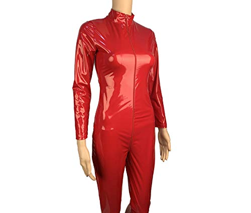 BERMEL Women's Bodysuit Shiny Patent Red PVC Leather Catsuit Full Body Sexy Latex Tight Zipper Jumpsuit Rubber Clothing (M)