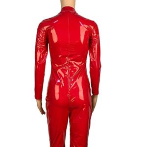 BERMEL Women's Bodysuit Shiny Patent Red PVC Leather Catsuit Full Body Sexy Latex Tight Zipper Jumpsuit Rubber Clothing (M)