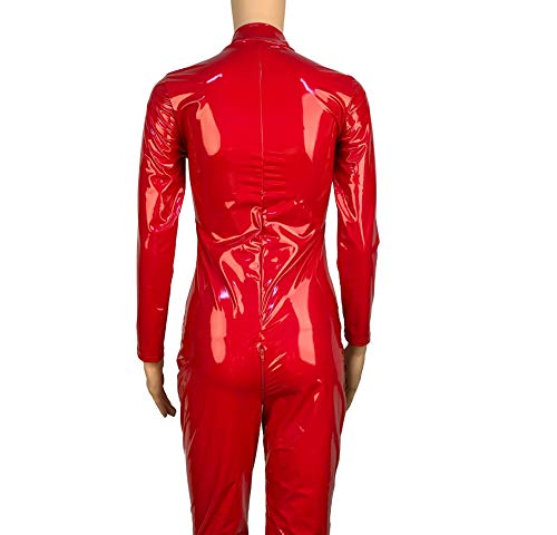 BERMEL Women's Bodysuit Shiny Patent Red PVC Leather Catsuit Full Body Sexy Latex Tight Zipper Jumpsuit Rubber Clothing (M)