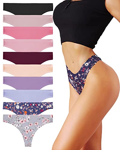 ROSYCORAL 10 Pack Seamless Thongs for Women Breathable Low Rise Panties Invisible Hipster Underwear Thong No Show (M)