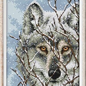 Amiiba Stamped Cross Stitch Kits, Snow Animal Wolf Branch Wood DIY 11CT 10.6x15.3 inch (Wolf)