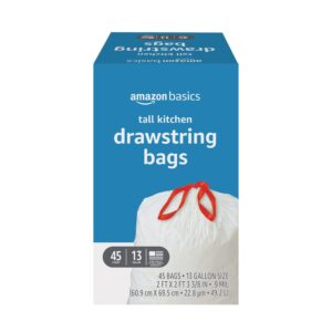 amazon basics tall kitchen drawstring trash bags, 13 gallon, unscented, 45 count (previously solimo), white