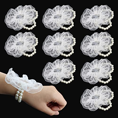 LEEFONE Pack of 10 Elastic Pearl Wrist Corsage Bands Wristlets DIY Wrist Corsages Accessories for Bride Flowers Prom Beach Party Supplies (White Lace)