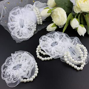 LEEFONE Pack of 10 Elastic Pearl Wrist Corsage Bands Wristlets DIY Wrist Corsages Accessories for Bride Flowers Prom Beach Party Supplies (White Lace)