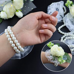 LEEFONE Pack of 10 Elastic Pearl Wrist Corsage Bands Wristlets DIY Wrist Corsages Accessories for Bride Flowers Prom Beach Party Supplies (White Lace)