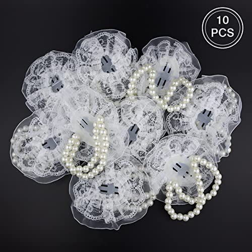 LEEFONE Pack of 10 Elastic Pearl Wrist Corsage Bands Wristlets DIY Wrist Corsages Accessories for Bride Flowers Prom Beach Party Supplies (White Lace)