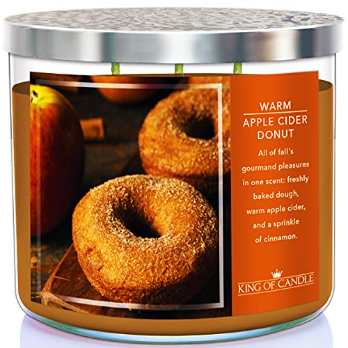 Warm Apple Cider Donut + Cinnamon Sugar | Large 3 Wick Highly Scented Soy Wax Scented Fall Candles | Fall Home Decor | USA Made 14 oz + Decorative Snuffer Lid | Candles for Men Gifts for Women