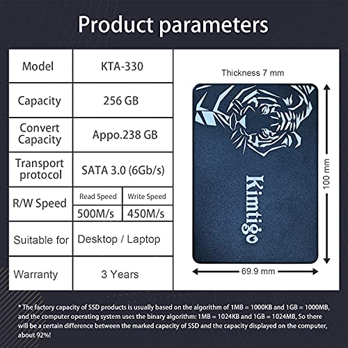 kimtigo 2.5" Internal SSD 256GB, 3D NAND Solid State Drive, SATA III 6Gb/s 2.5 inch 7mm (0.28”), Read up to 500MB/s