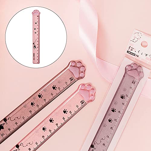 AKOAK 2 Pieces (15 cm) Cute Cat's Paw Straighter Ruler, Plastic Clear Student Ruler, for DIY Drawing/Line Drawing/Measuring/School/Home/Office Supplies, Children's Gifts