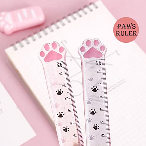 AKOAK 2 Pieces (15 cm) Cute Cat's Paw Straighter Ruler, Plastic Clear Student Ruler, for DIY Drawing/Line Drawing/Measuring/School/Home/Office Supplies, Children's Gifts