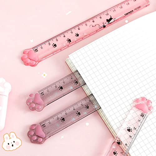 AKOAK 2 Pieces (15 cm) Cute Cat's Paw Straighter Ruler, Plastic Clear Student Ruler, for DIY Drawing/Line Drawing/Measuring/School/Home/Office Supplies, Children's Gifts