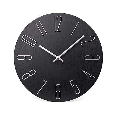 jomparis Wall Clock 12" Silent Non-Ticking Modern Style Wooden Wall Clocks Decorative for Office Home Bedroom School (Black)