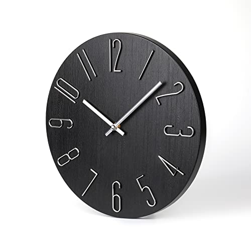 jomparis Wall Clock 12" Silent Non-Ticking Modern Style Wooden Wall Clocks Decorative for Office Home Bedroom School (Black)