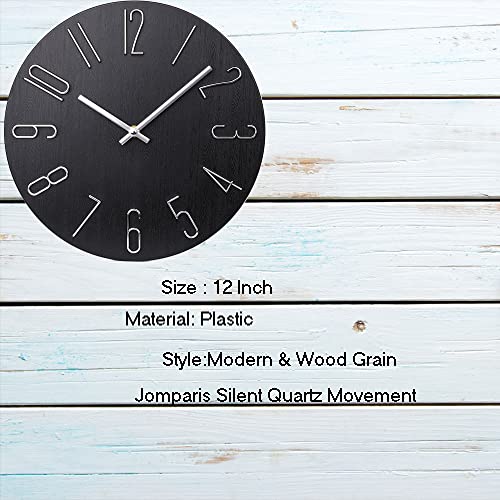 jomparis Wall Clock 12" Silent Non-Ticking Modern Style Wooden Wall Clocks Decorative for Office Home Bedroom School (Black)