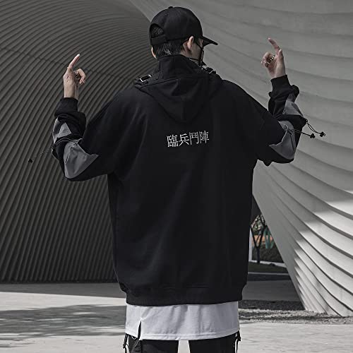 XYXIONGMAO Streetwear Techwear Hoodie Cyberpunk Tactical Mens Black Urban Hip Hop Japanese Sweatshirt(Black,L)