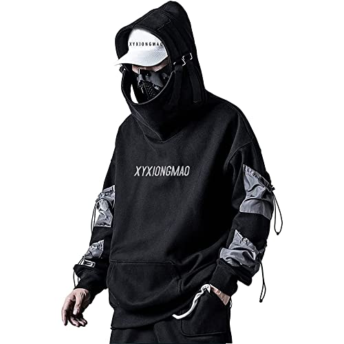 XYXIONGMAO Streetwear Techwear Hoodie Cyberpunk Tactical Mens Black Urban Hip Hop Japanese Sweatshirt(Black,L)