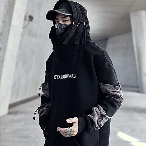 XYXIONGMAO Streetwear Techwear Hoodie Cyberpunk Tactical Mens Black Urban Hip Hop Japanese Sweatshirt(Black,L)