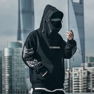 XYXIONGMAO Streetwear Techwear Hoodie Cyberpunk Tactical Mens Black Urban Hip Hop Japanese Sweatshirt(Black,L)