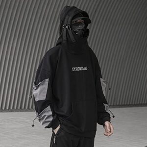 XYXIONGMAO Streetwear Techwear Hoodie Cyberpunk Tactical Mens Black Urban Hip Hop Japanese Sweatshirt(Black,L)