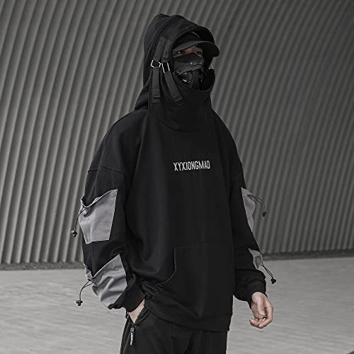 XYXIONGMAO Streetwear Techwear Hoodie Cyberpunk Tactical Mens Black Urban Hip Hop Japanese Sweatshirt(Black,L)