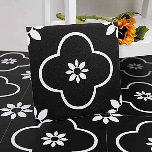 Dureidos Vinyl Flooring Peel and Stick 12X12 Inch Self Adhesive Floor Tile Waterproof Non-Slip Removable Stickers Tile for DIY Installation of Kitchen Bedroom Backsplash Solid Black and White 10Pcs