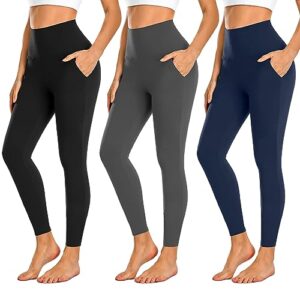 new young 3 pack leggings with pockets for women,high waisted tummy control workout yoga pants(3 pack-black/navy/grey, large-x-large)