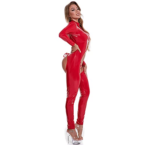 ACSUSS Women Sexy Hollow Out Latex Catsuit PVC Exotic Costume Lingerie Full Bodysuit Clubwear Overalls 2# Red 3X-Large