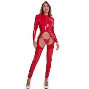 ACSUSS Women Sexy Hollow Out Latex Catsuit PVC Exotic Costume Lingerie Full Bodysuit Clubwear Overalls 2# Red 3X-Large