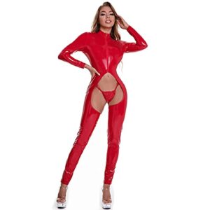 ACSUSS Women Sexy Hollow Out Latex Catsuit PVC Exotic Costume Lingerie Full Bodysuit Clubwear Overalls 2# Red 3X-Large