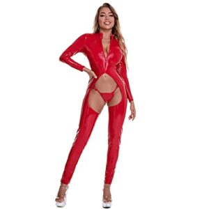 ACSUSS Women Sexy Hollow Out Latex Catsuit PVC Exotic Costume Lingerie Full Bodysuit Clubwear Overalls 2# Red 3X-Large