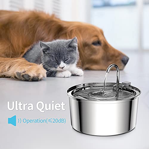 Tomxcute Cat Water Fountain, 3.2L/108oz Automatic Stainless Steel Pet Fountain Dog Water Dispenser, Ultra-Quiet Pump and 3 Replacement Filters & for Cats, Dogs, Multiple Pets