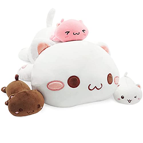 Onsoyours Cat Stuffed Animal Mommy 19.7" with 3 Kitty Plushies, 4 Piece of Cute Cat Plush Pillow Toys for Kids Girls Boys (White Cat Family)