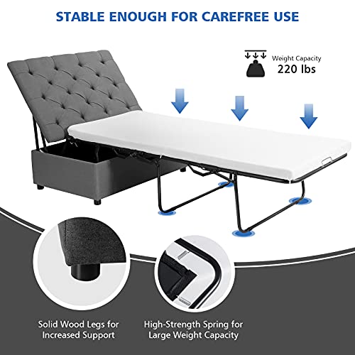 Giantex Ottoman Folding Bed, Fold Out Sleeper Bed with Mattress, Convertible Chair into Sofa Bed, Couch Sleeper w/Steel Frame, Dual Use Guest Bed Lounge Bed, Living Room Bedroom Office (Grey)